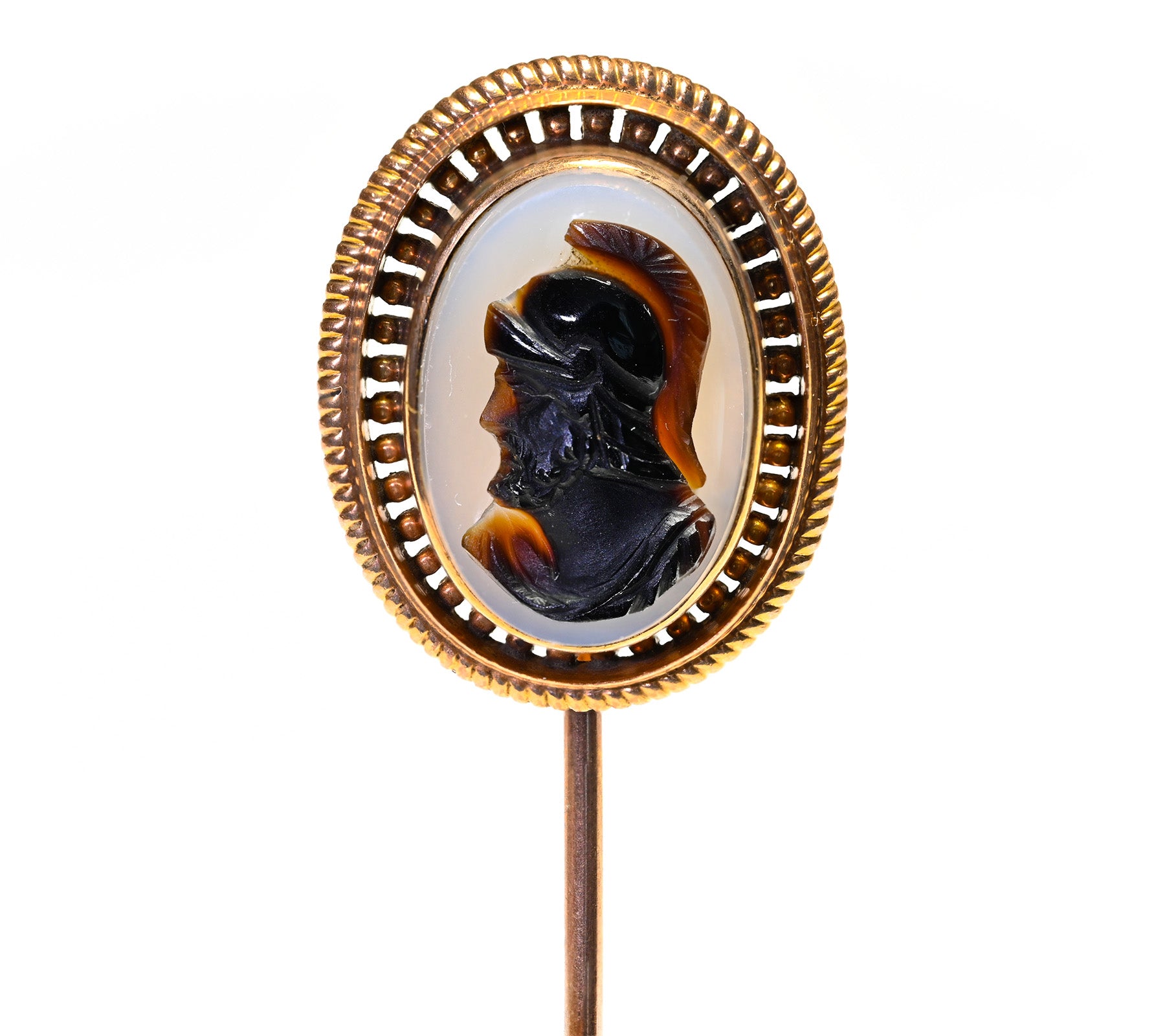 Antique Stickpin – Roman Soldier Cameo in 14K Gold
