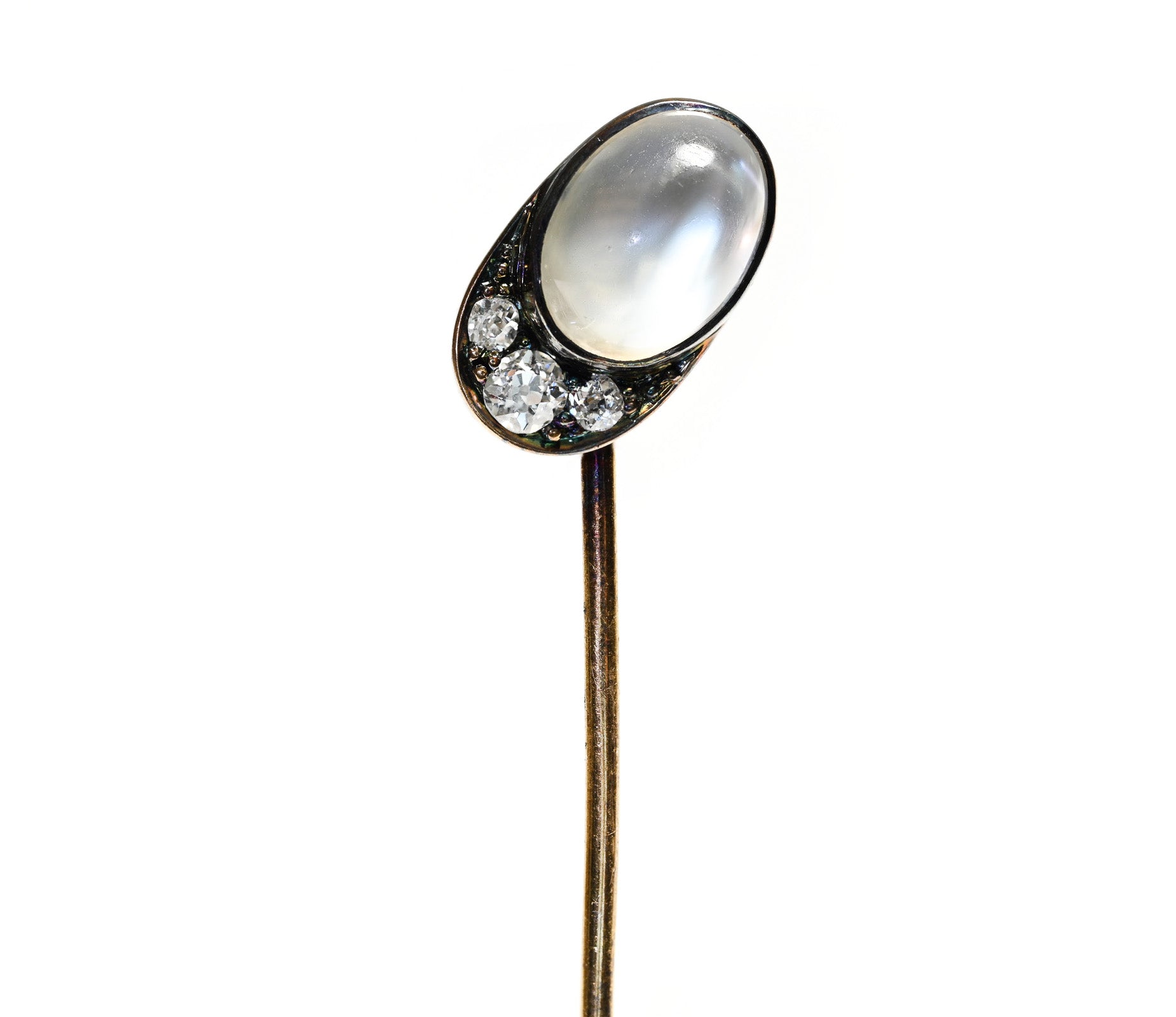 Antique Gold Stick Pin with Moonstone, Diamond, and Jockey Cap Design