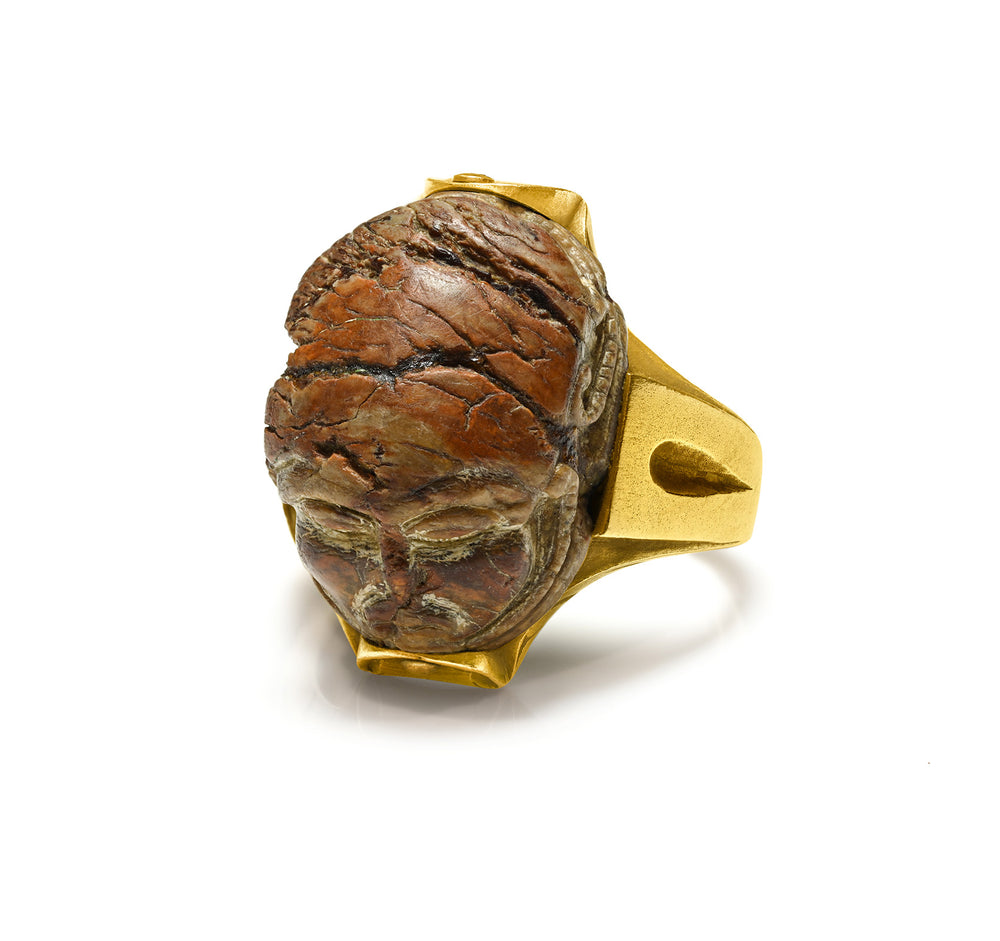Ancient Human-Faced Scarab – Rare Archaeological Revival Gold Ring