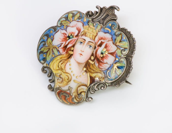 Art Nouveau Enamel Lady Brooch Pin