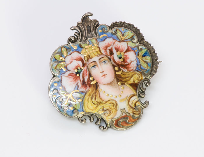 Art Nouveau Enamel Lady Brooch Pin