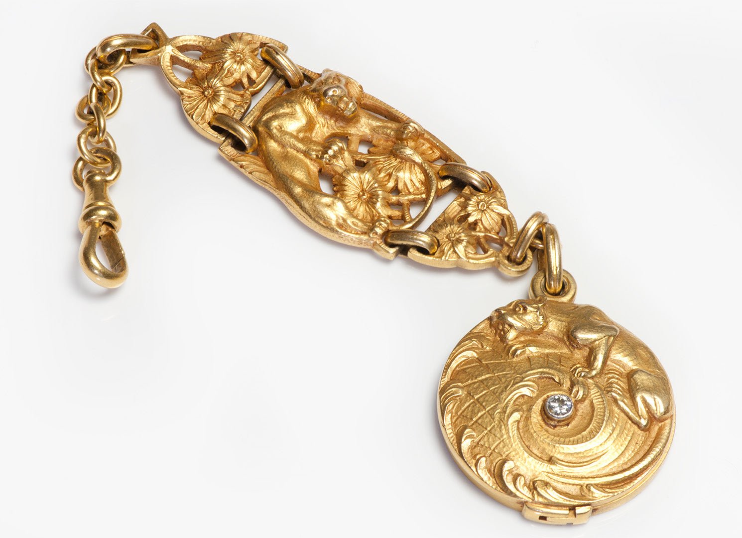 Art Nouveau Gold Diamond Locket Watch Fob