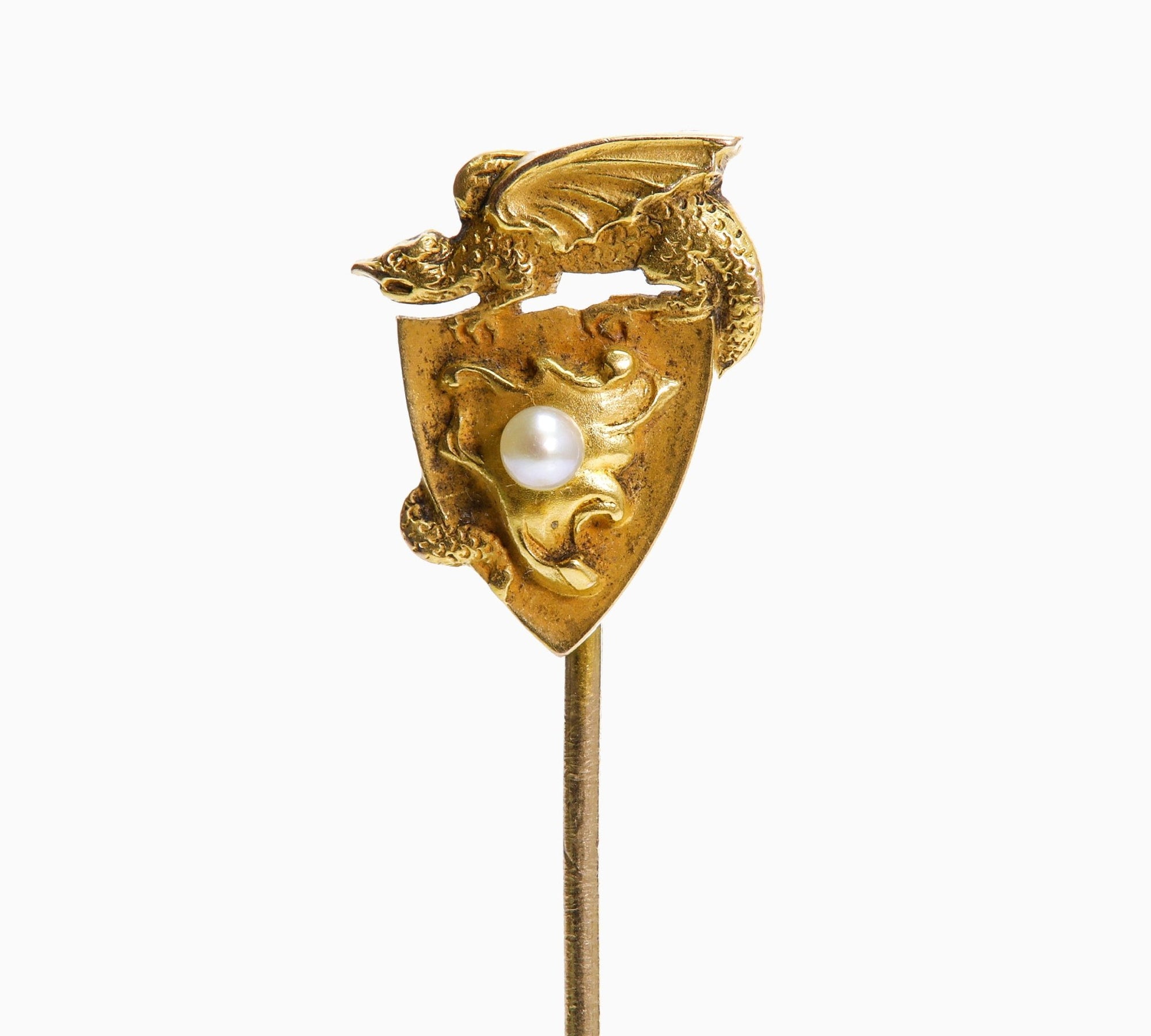 Art Nouveau Gold Pearl Griffin Shield Stick Pin