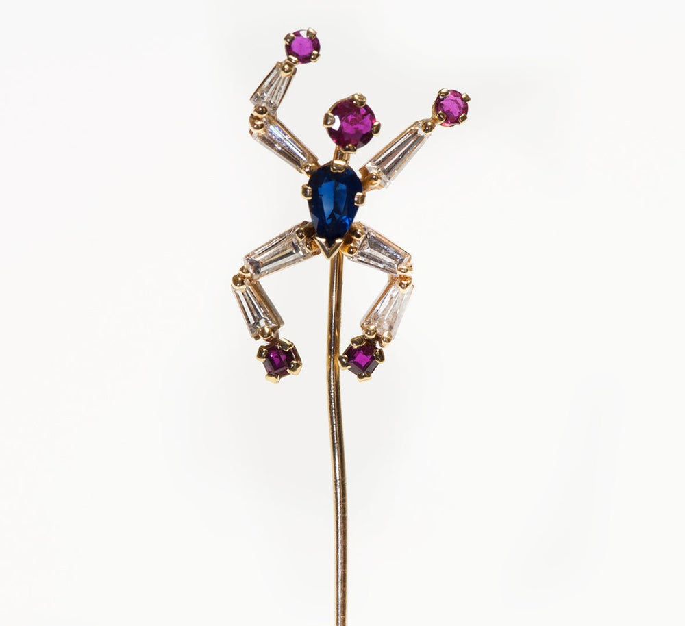 Asprey 18K Gold Diamond Ruby & Sapphire Dancing Man Stick Pin
