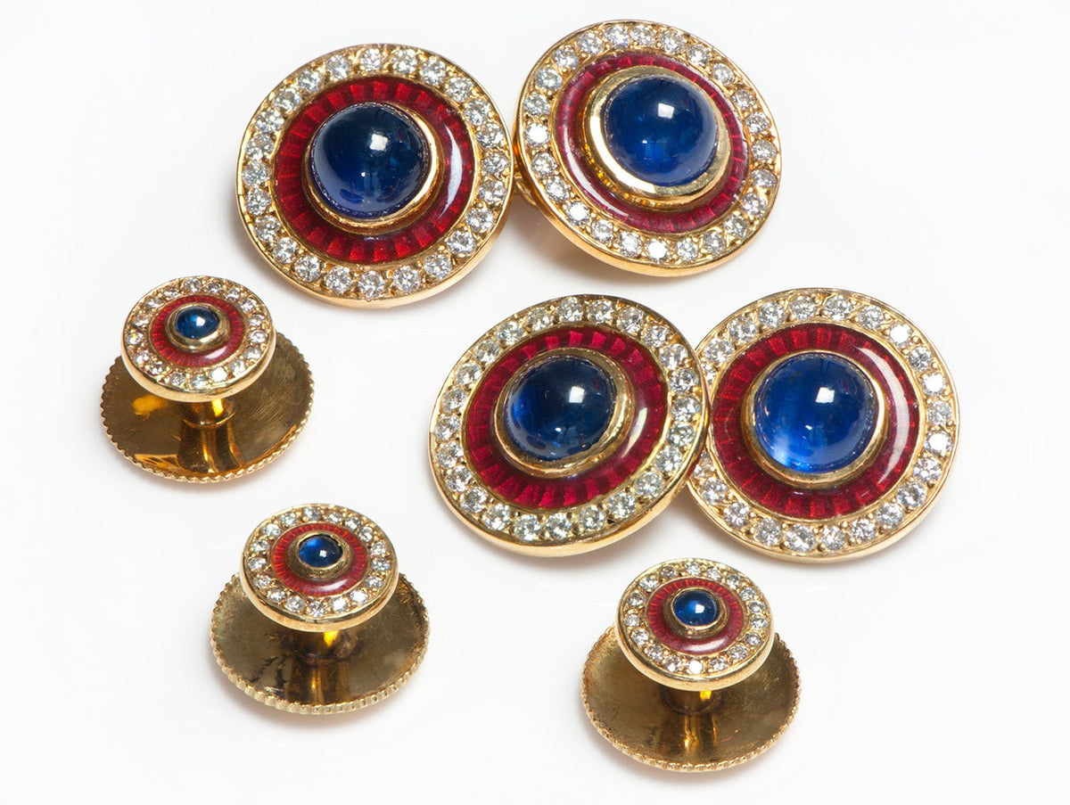 Asprey 18K Gold Sapphire Diamond Enamel Cufflink Dress Set