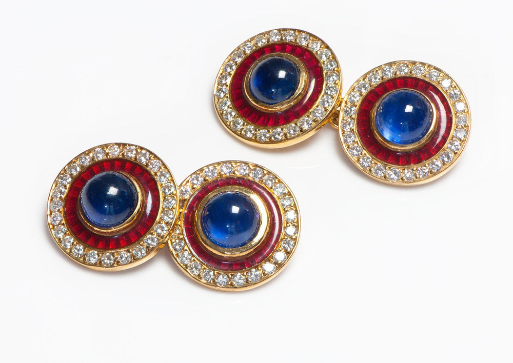 Asprey 18K Gold Sapphire Diamond Enamel Cufflink Dress Set