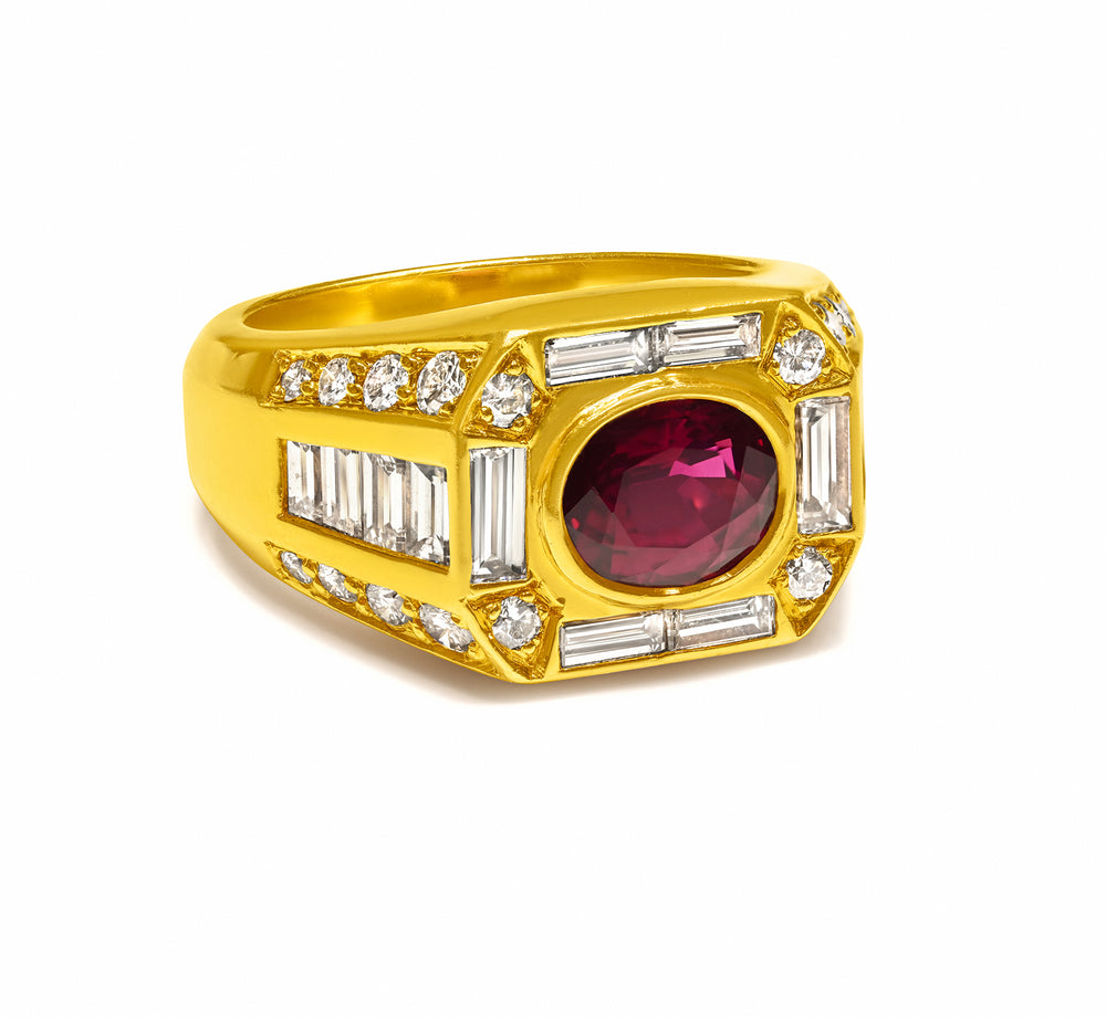 GIA Burma Ruby Diamond Unisex Ring in 18K Yellow Gold