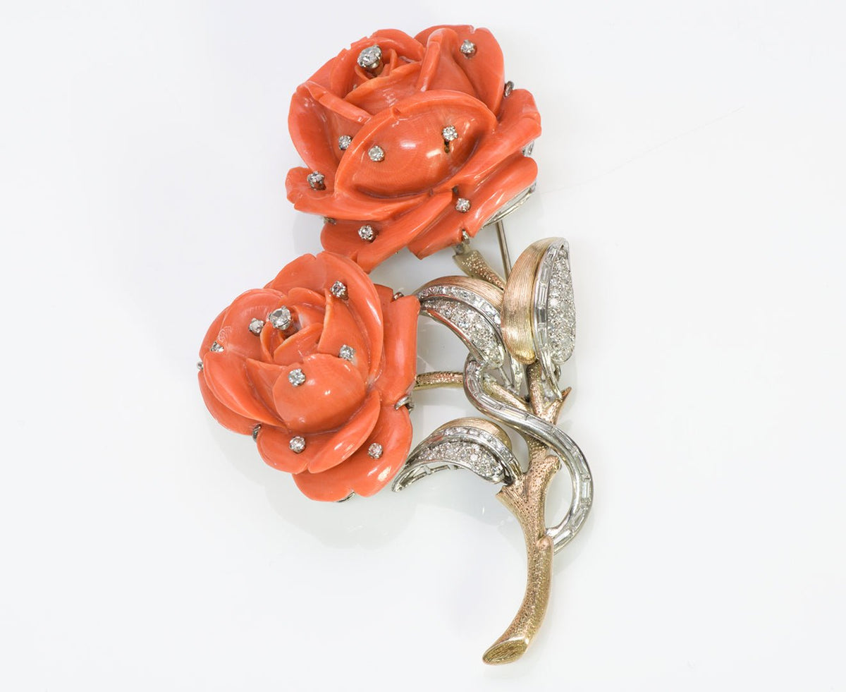 Carved Coral Rose 18K Gold Diamond Brooch