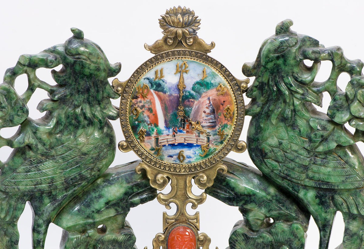 Carved Nephrite Jade Silver and Enamel Clock