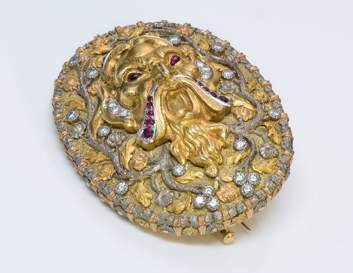 Cazzaniga Zeus Greek Roman Mythology 18K Gold Ruby Diamond Brooch