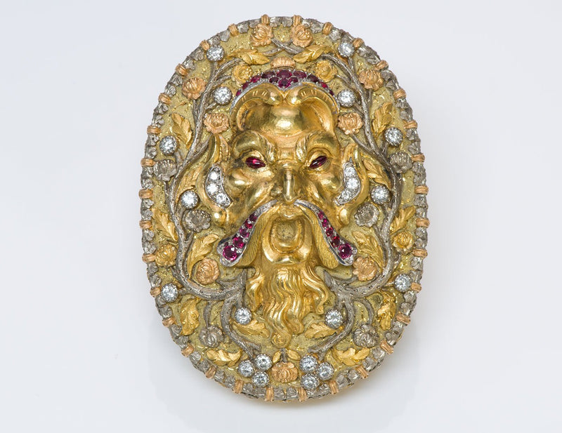 Cazzaniga Zeus Greek Roman Mythology 18K Gold Ruby Diamond Brooch