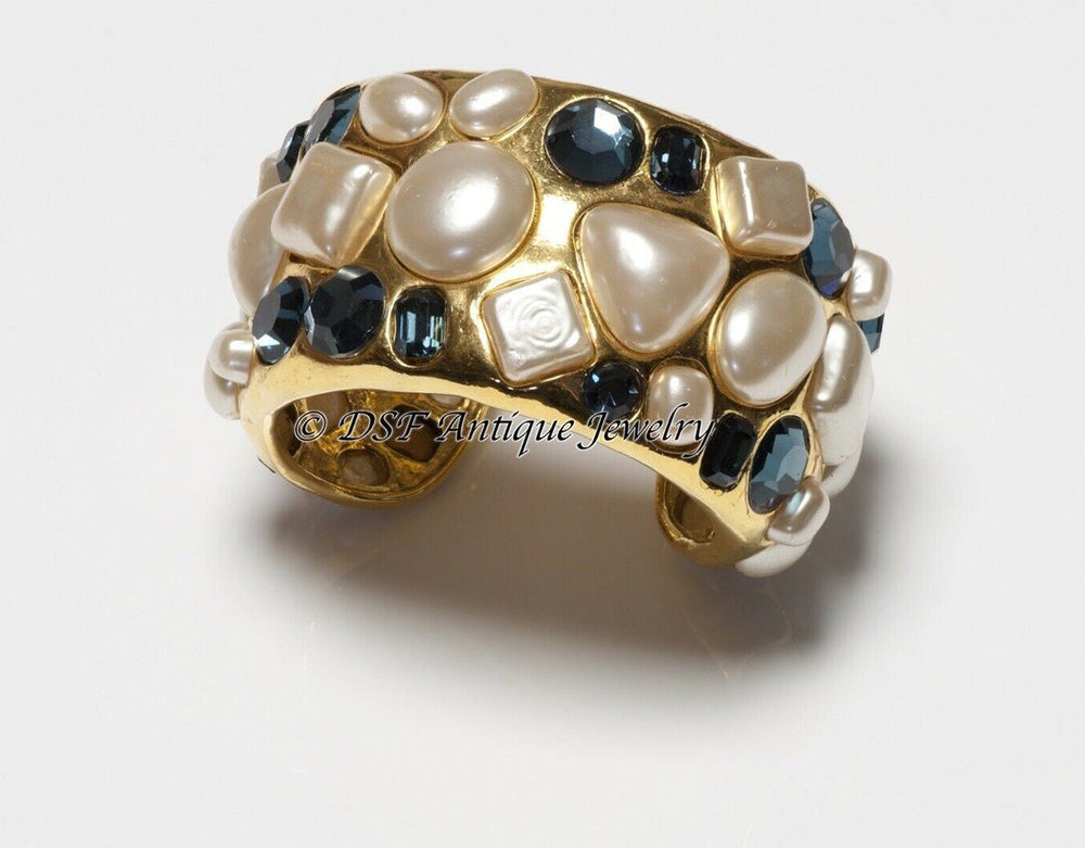 CHANEL 1990’s Wide Gold Plated Blue Crystal Pearl Cuff Bracelet