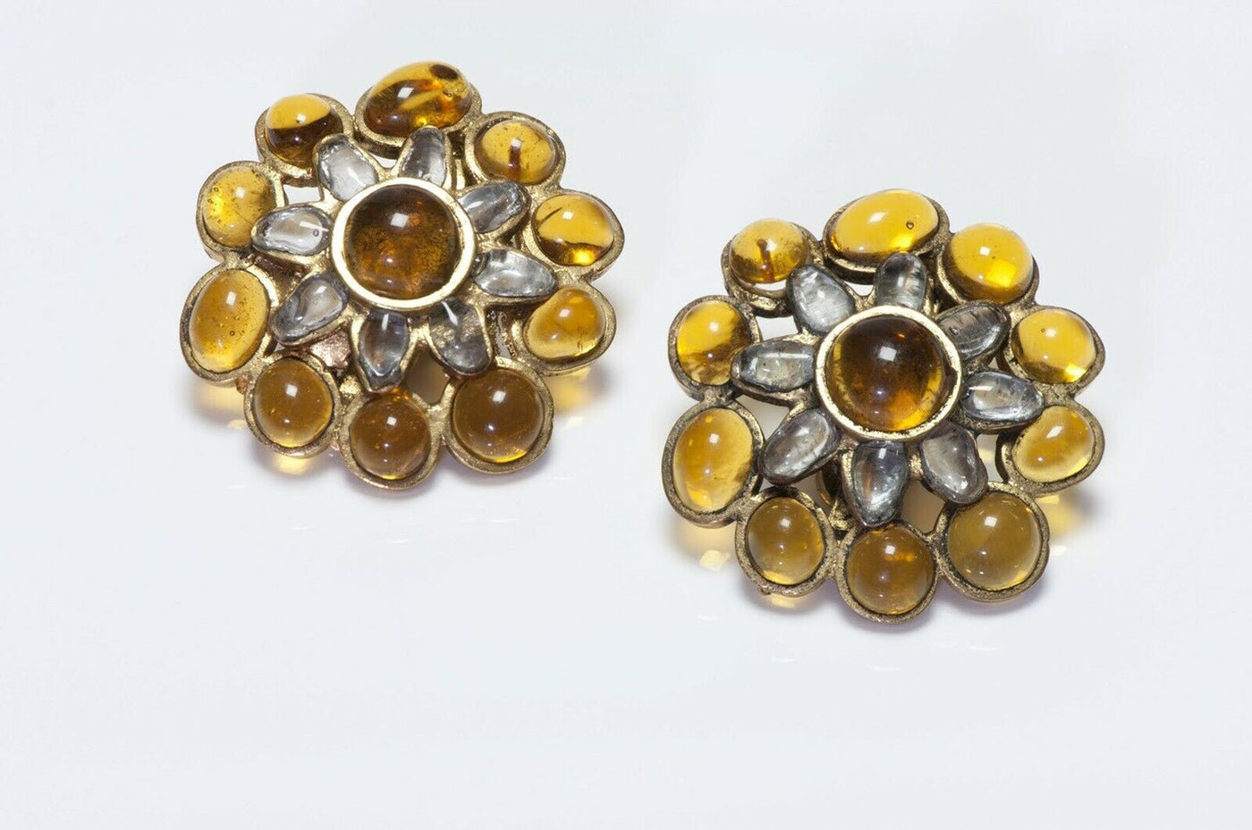 CHANEL 1994 Maison Gripoix Yellow Glass Camellia Flower Earrings