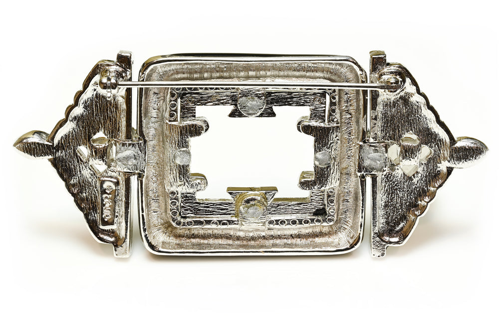 Vintage Ciner Art Deco Style Black Enamel Crystal Brooch