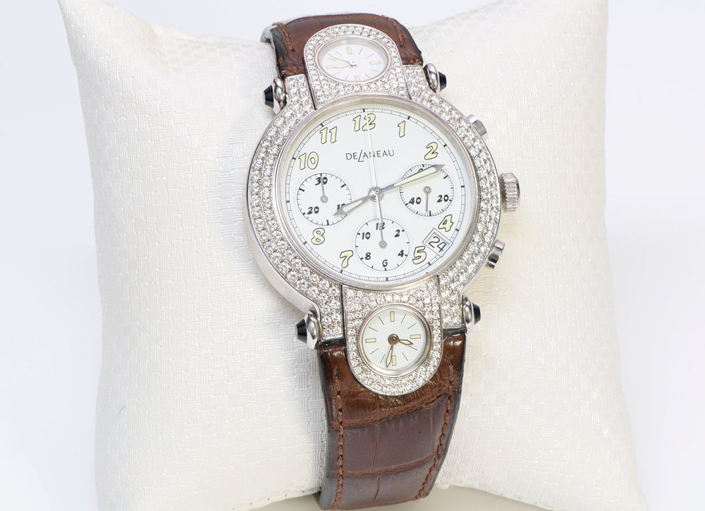 DeLaneau 18K Gold 3-Time Zone Diamond Chronograph Watch GTCWG