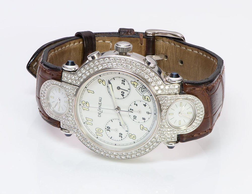 DeLaneau 18K Gold 3-Time Zone Diamond Chronograph Watch GTCWG