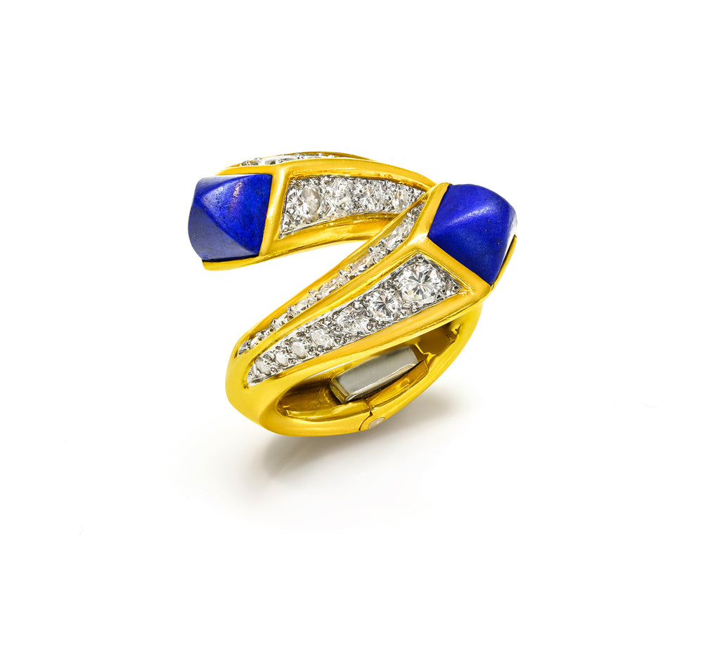 Fine 18K Gold Hinged Bypass Ring with 2.50 CTW Diamonds & Lapis