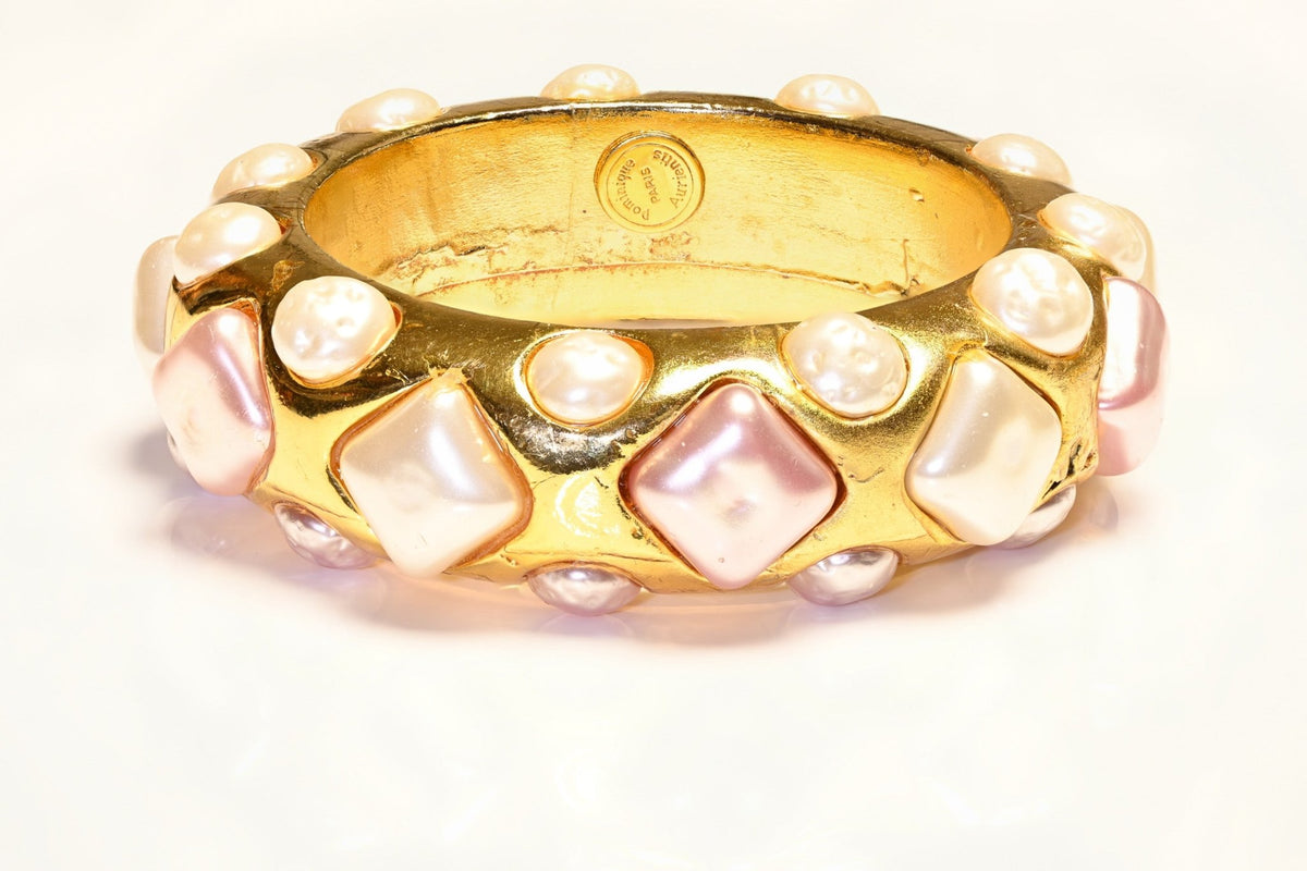 Dominique Aurientis Paris Wide Gold Plated Pink Pearl Bangle Bracelet