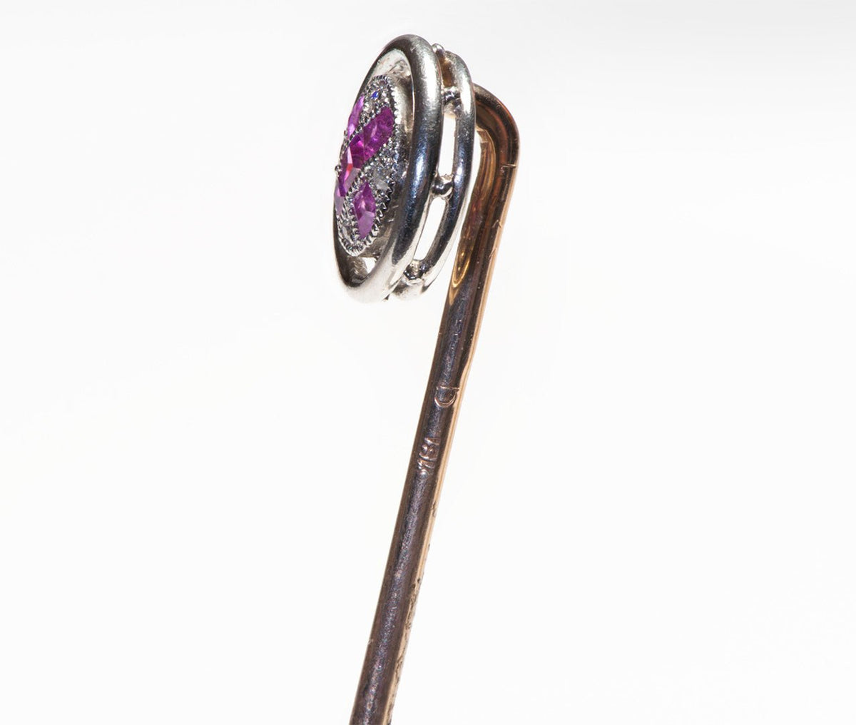 Edwardian Platinum 18K Gold Ruby Diamond Stick Pin
