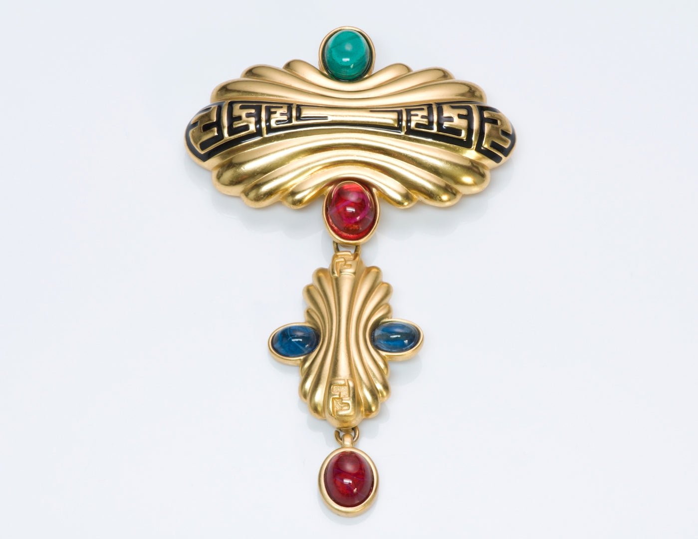 Fendi Green Red Cabochon Glass Logo Brooch