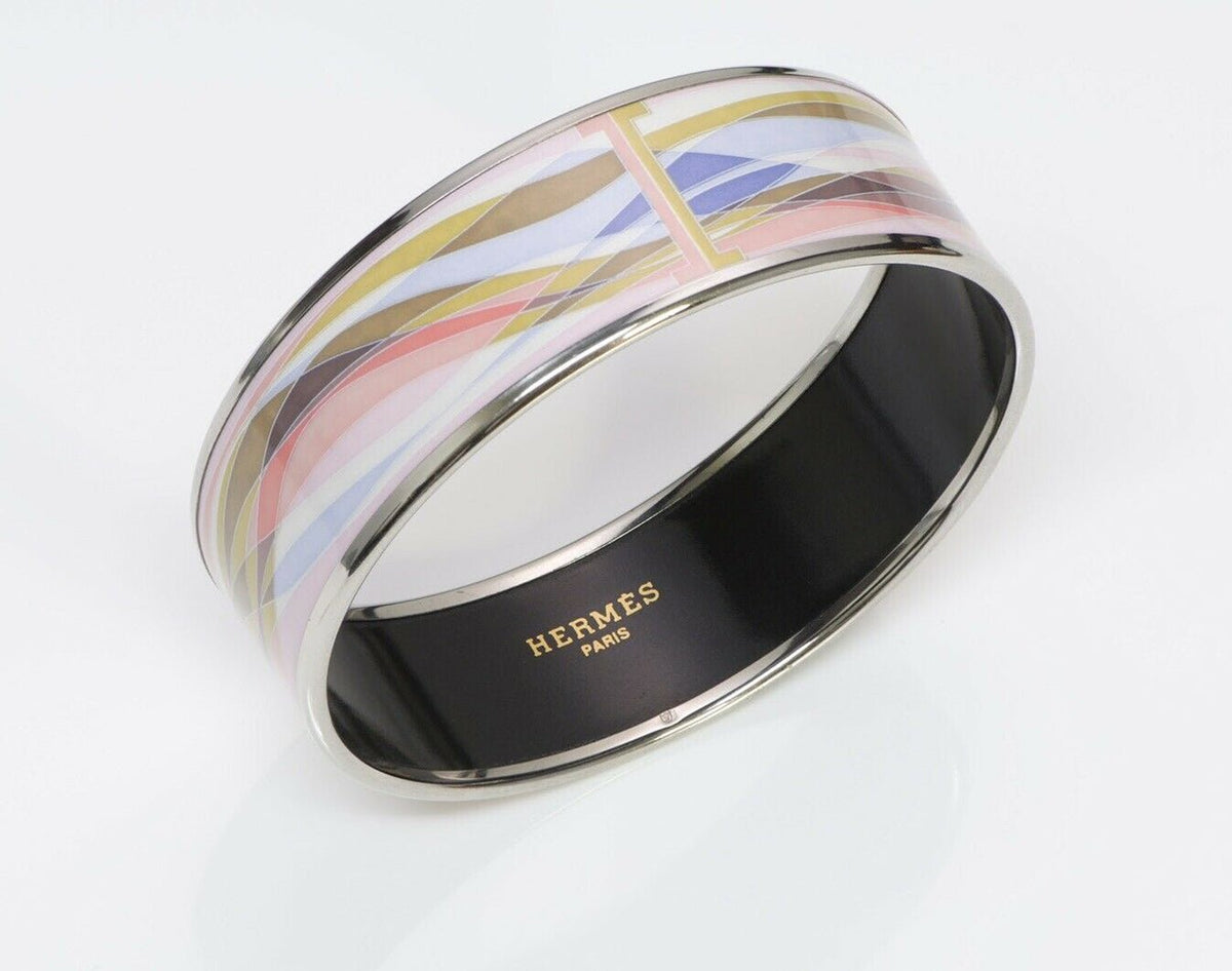 HERMES H Wide Pastel Colors Pink Blue Enamel Bangle Bracelet
