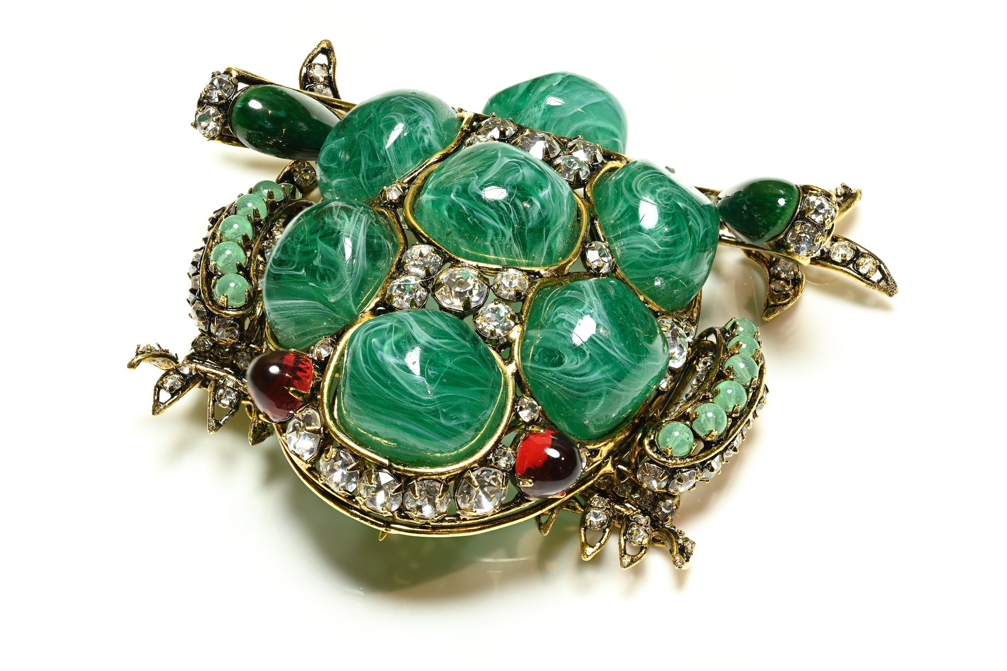 Iradj Moini Green Red Cabochon Glass Crystal Frog Brooch