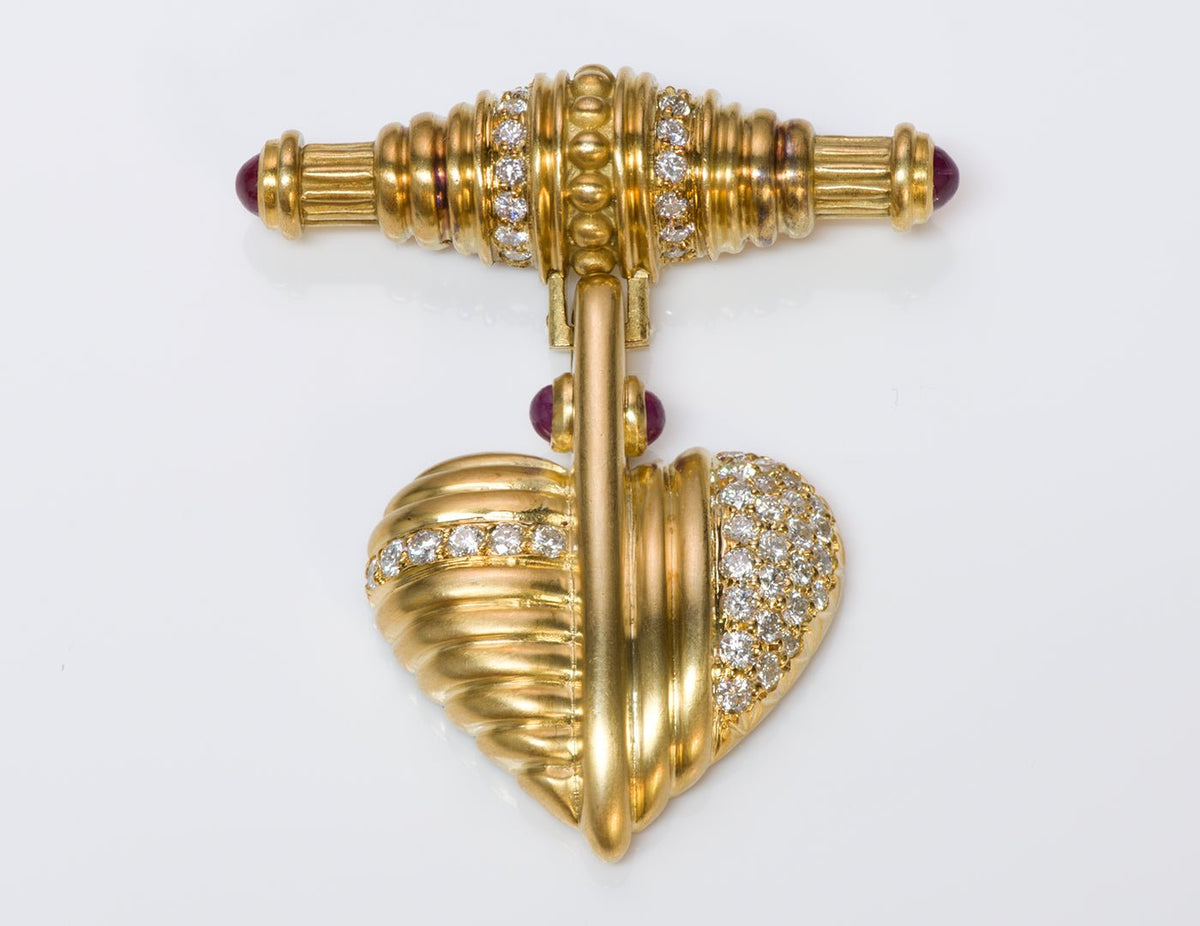 Judith Ripka Diamond Ruby 18K Gold Heart Brooch/Unsigned