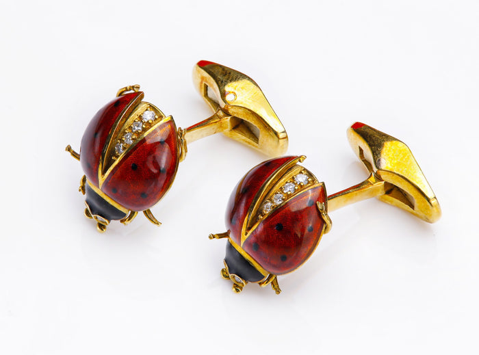 Ladybug Enamel Diamond 18K Gold Cufflinks