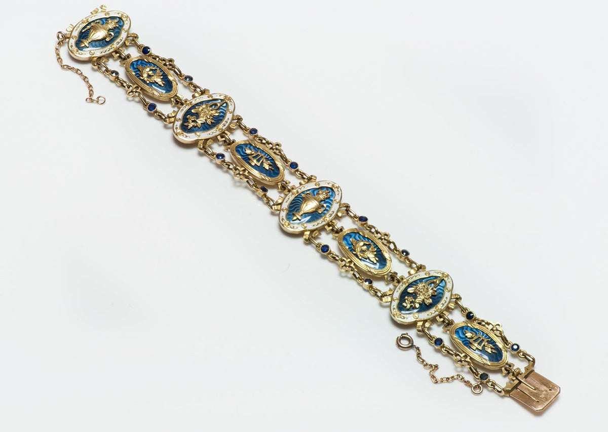 Lucien Gautrait Art Nouveau 18K Gold Enamel & Sapphire Bracelet
