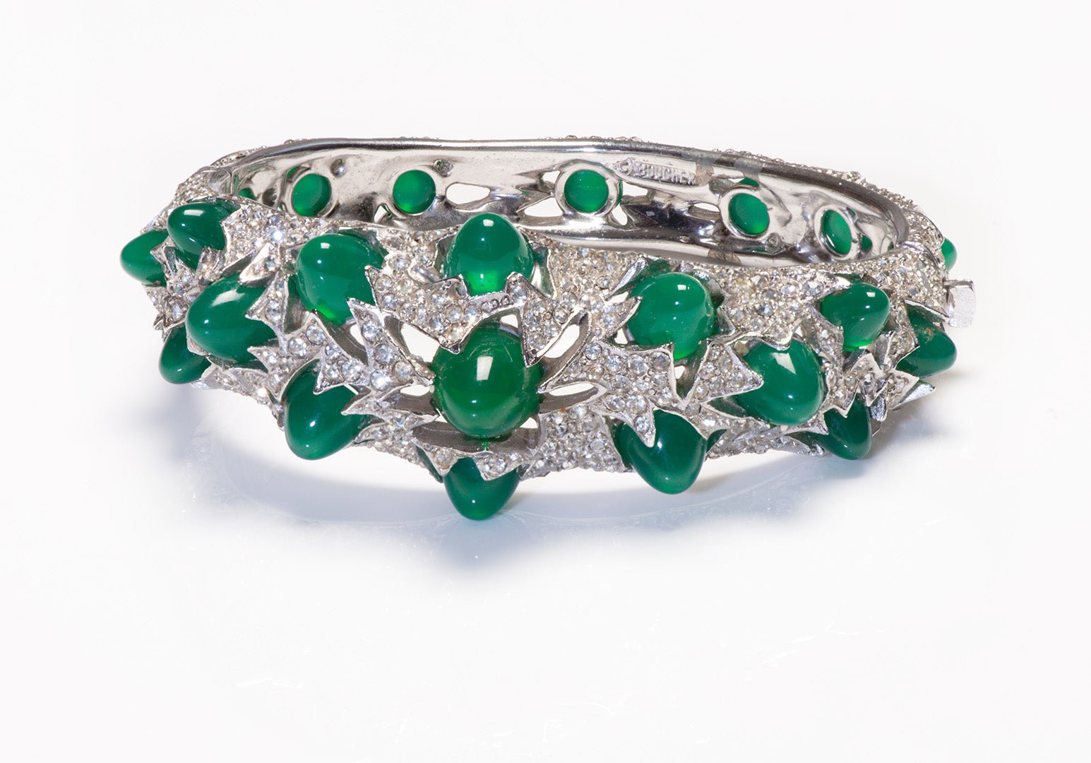 Marcel Boucher 1960’s Rhodium Plated Green Cabochon Glass Crystal Bracelet