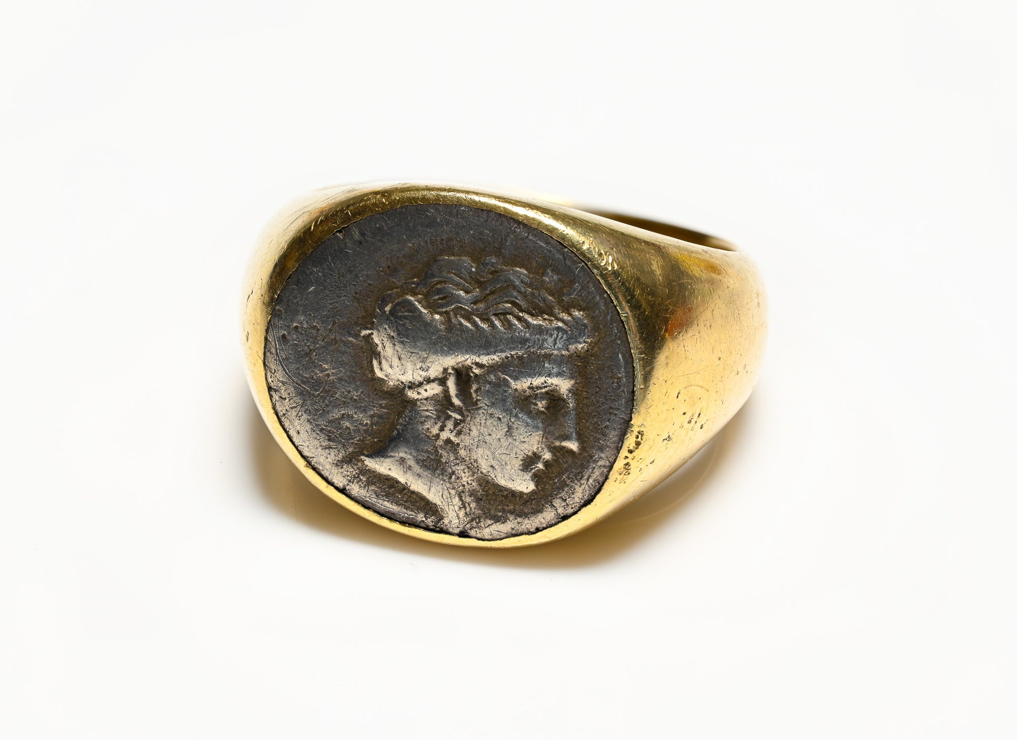 Ancient Silver Coin Mounted in Yellow Gold Men's Ring