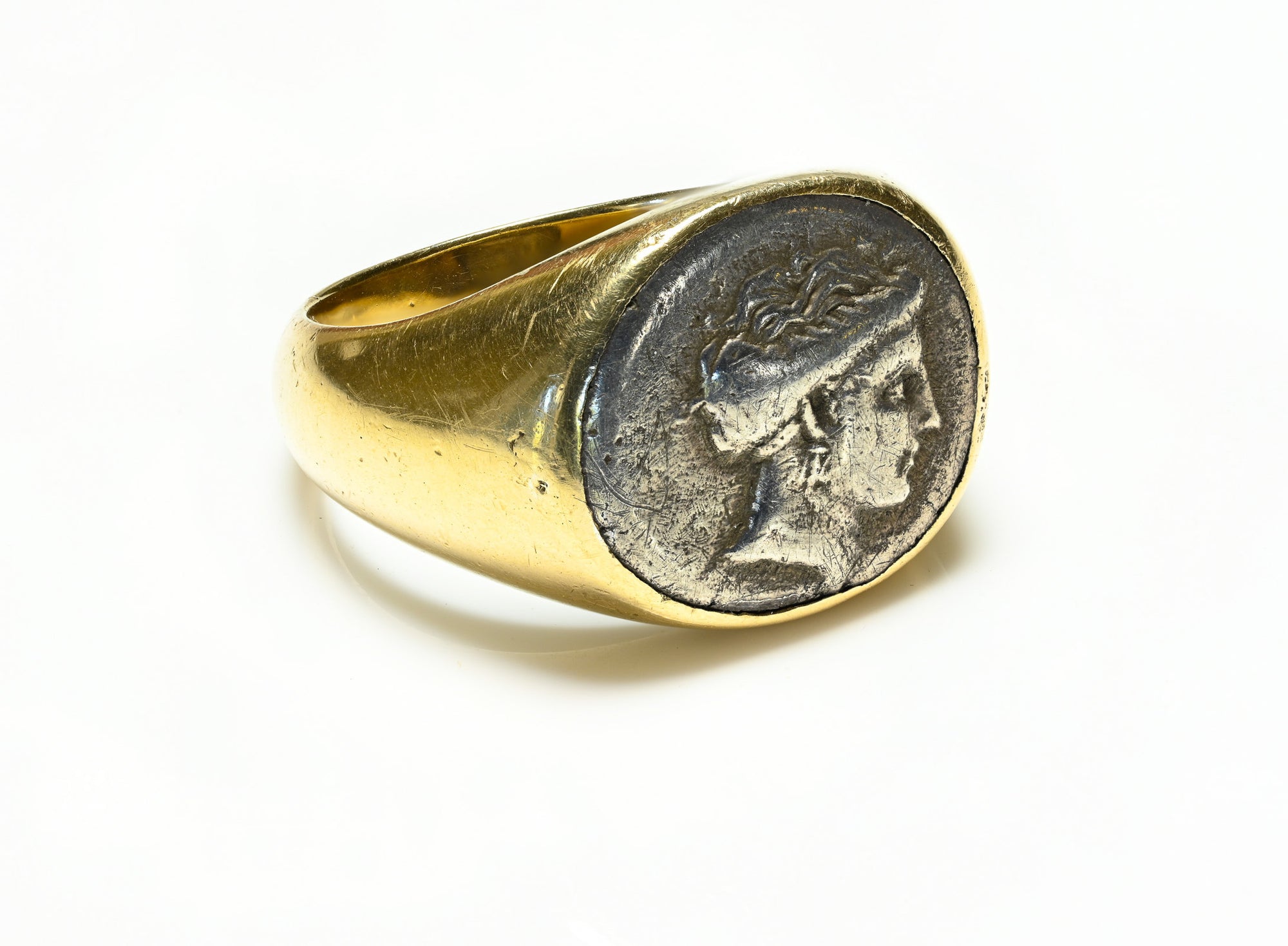 Ancient Silver Coin Mounted in Yellow Gold Men's Ring