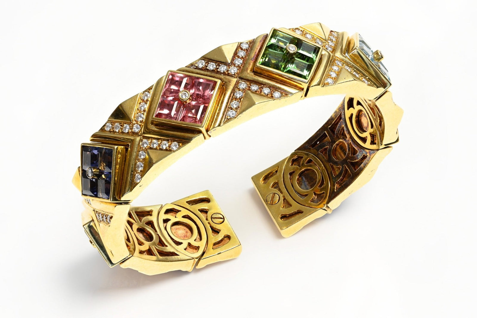Multi Carre Gemstone and Diamond 18K Gold Cuff Bracelet