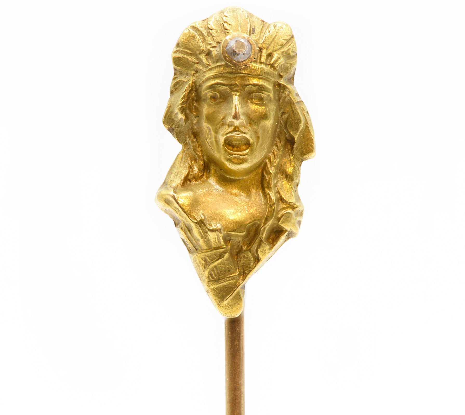 Art Nouveau Diamond Gold Native American Chief Stick Pin