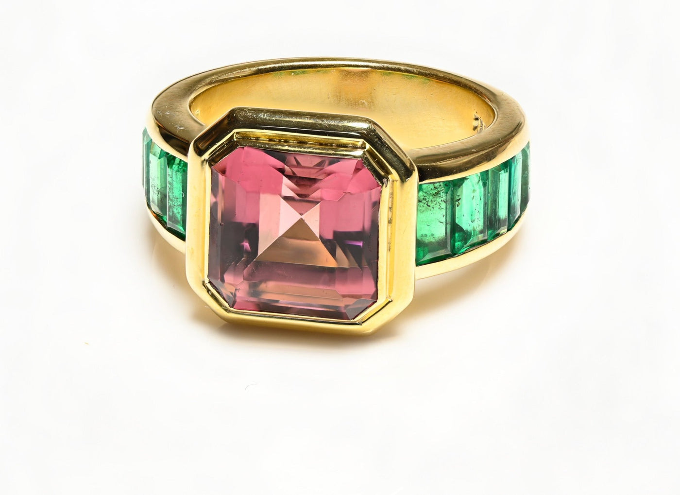 Pink Tourmaline Emerald 18K Gold Ring