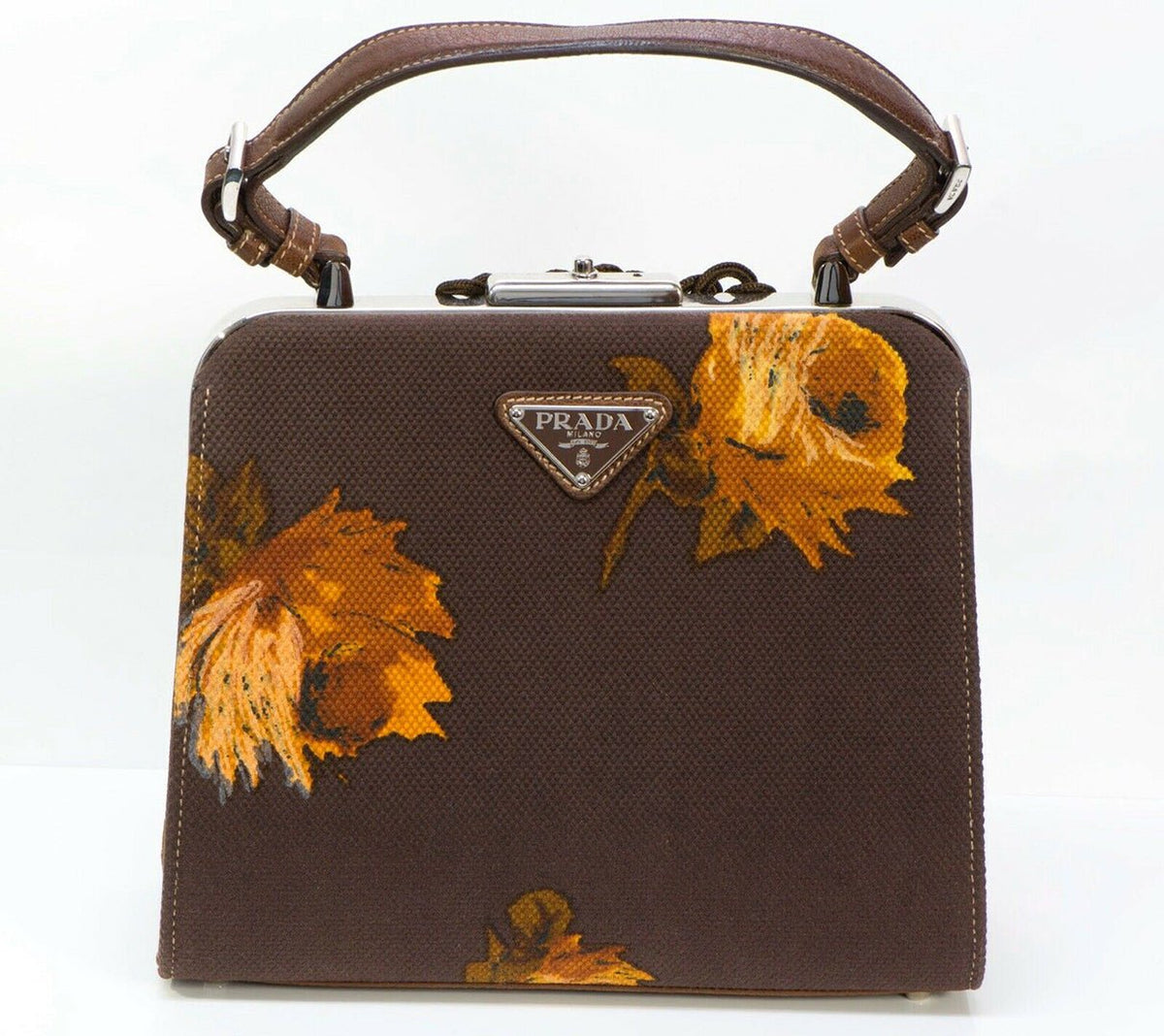 PRADA 2005 Madras Cerniera Brown Canvas Leather Embroidered Flower ...