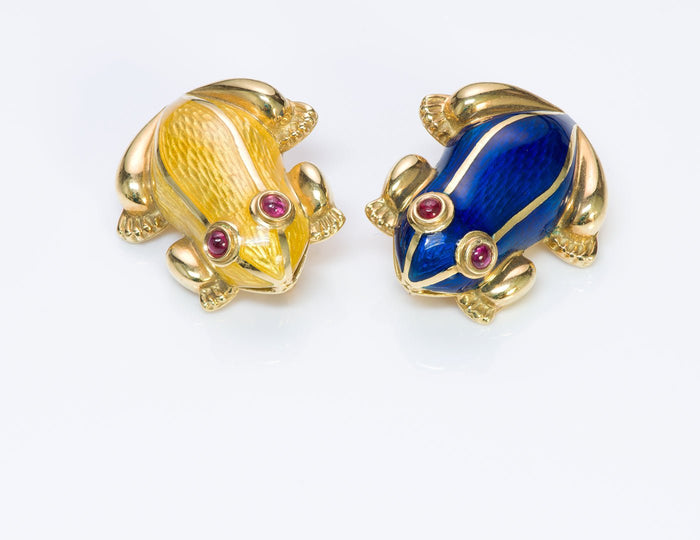 Ruby 18K Gold Enamel Pair Frogs Brooch Pin