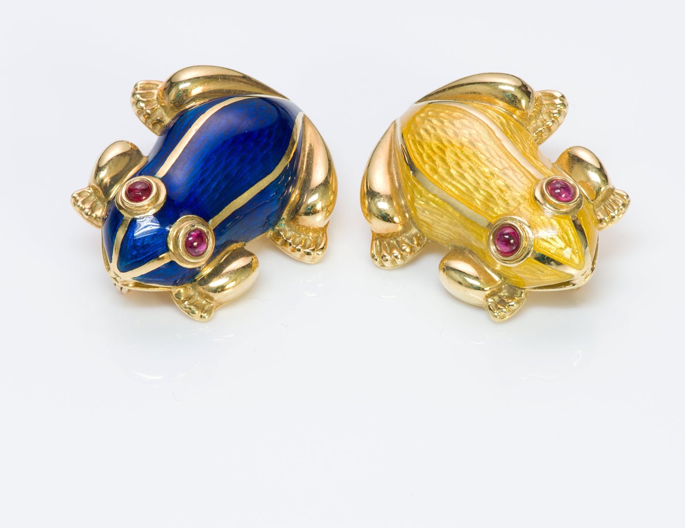 Ruby 18K Gold Enamel Pair Frogs Brooch Pin
