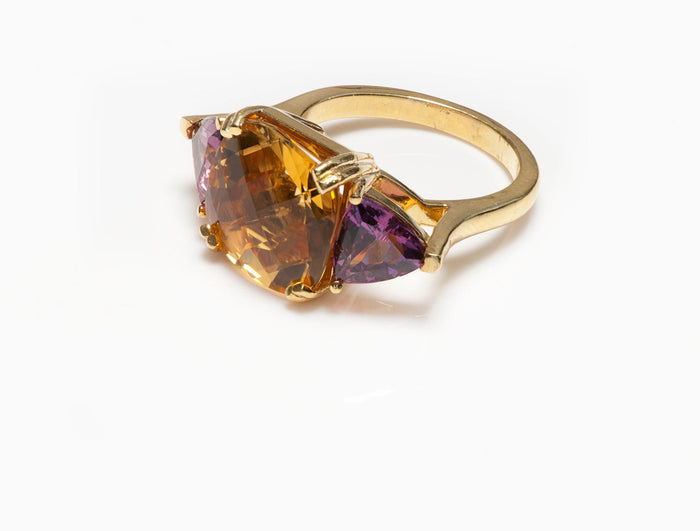 Square Cut Citrine & Triangle Cut Tourmaline 14K Yellow Gold Ring