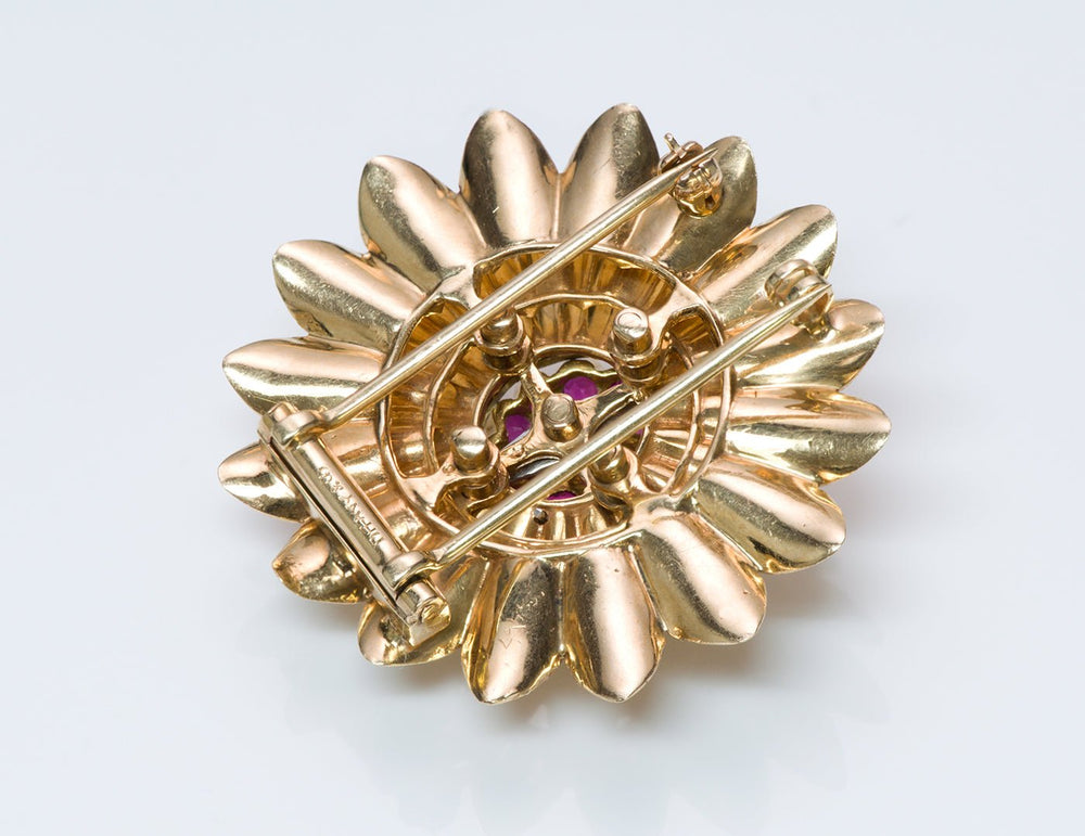 Tiffany & Co. 14K Gold Ruby Diamond Flower Brooch