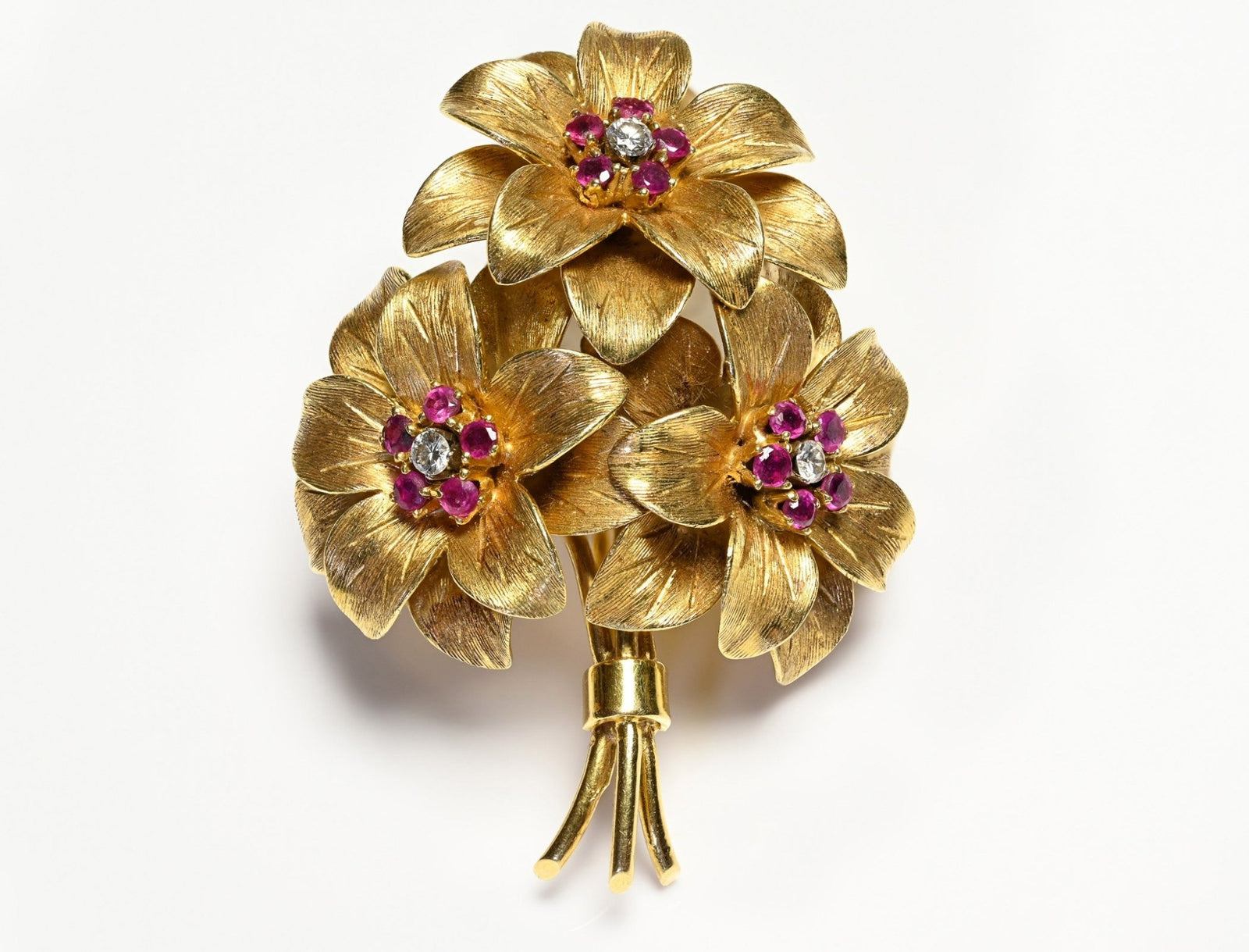 Tiffany & Co. 18K Gold Ruby Diamond Flower Brooch