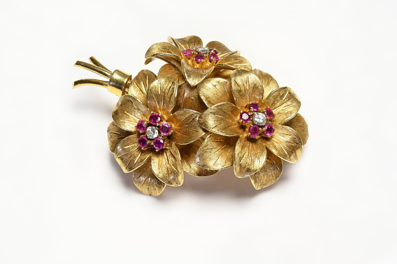 Tiffany & Co. 18K Gold Ruby Diamond Flower Brooch