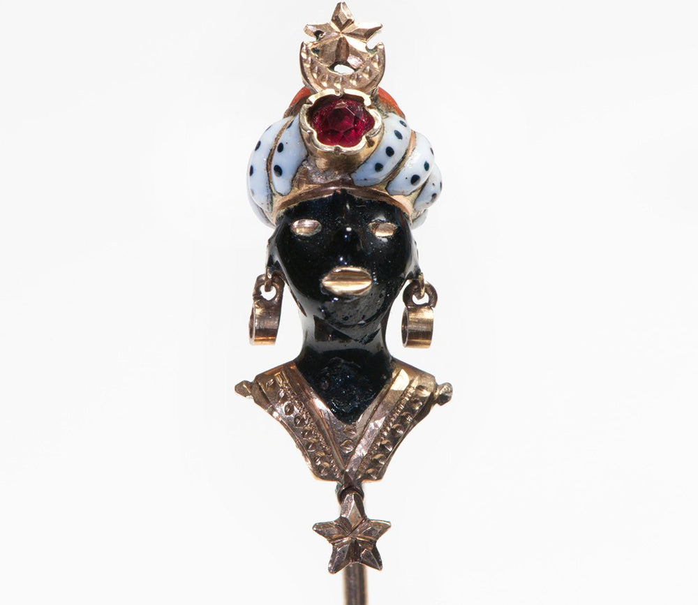 Victorian Gold Blackamoor Garnet Enamel Coral Stick Pin