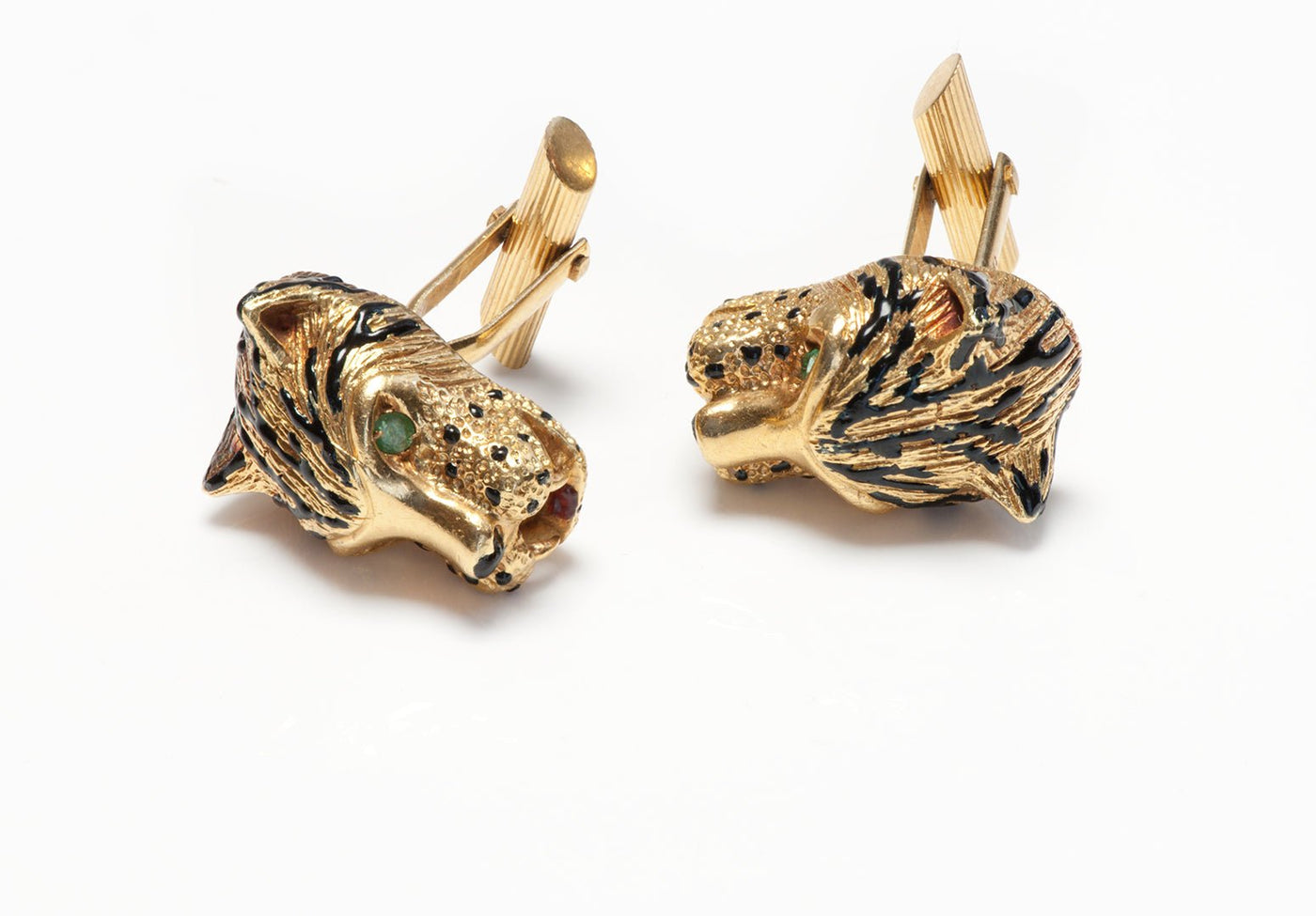 Vintage 18K Gold Enamel Emerald Tiger Cufflinks