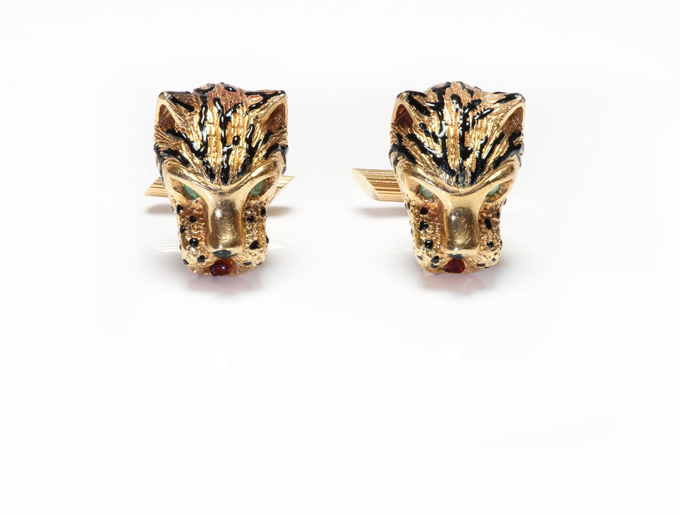 Vintage 18K Gold Enamel Emerald Tiger Cufflinks