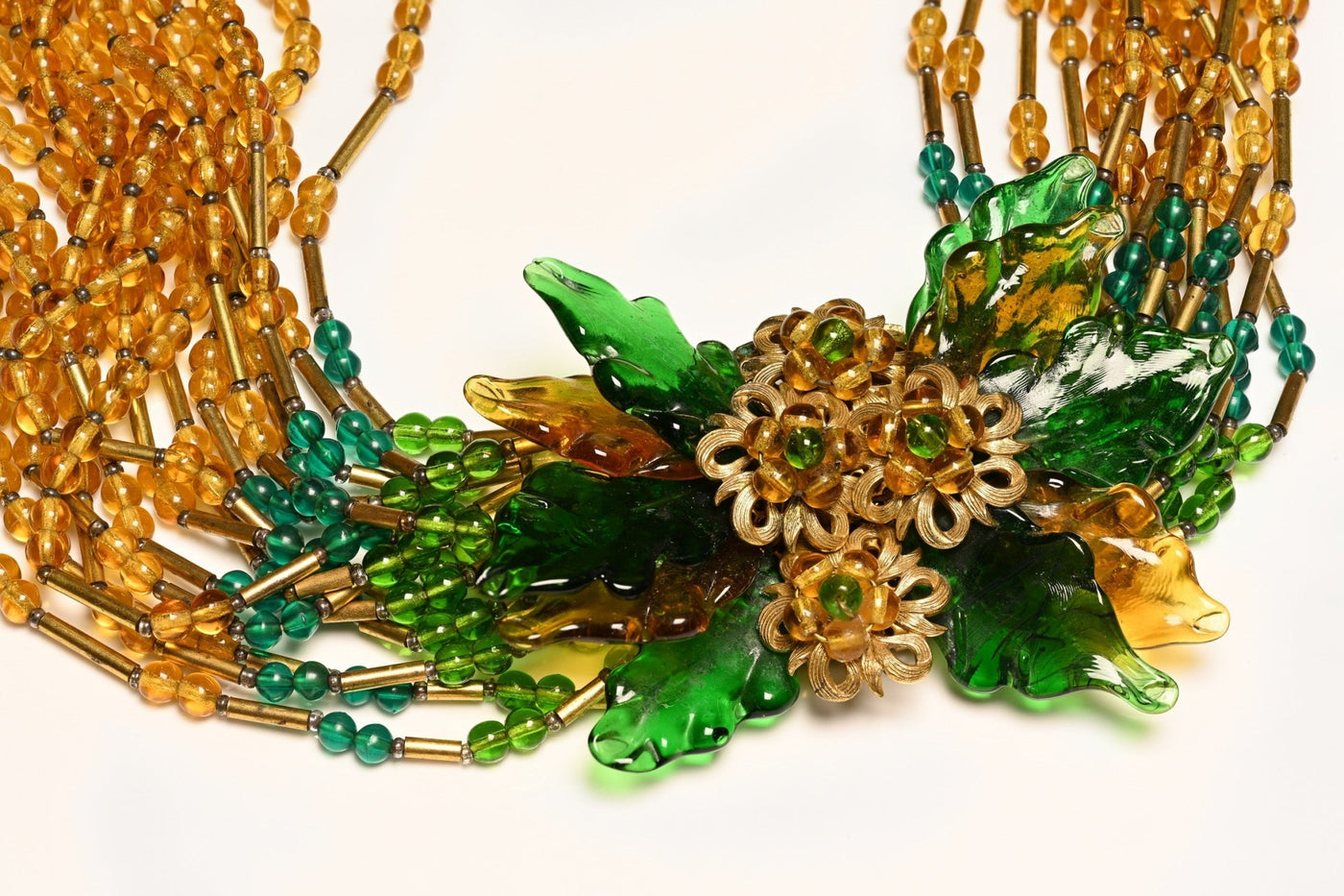 Vintage 1930's Miriam Haskell Brown Green Glass Beads Leaf Collar Necklace