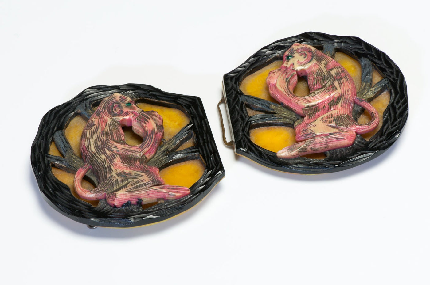 Vintage 1930’s Pink Yellow Green Bakelite Hand Carved Monkey Belt Buckle