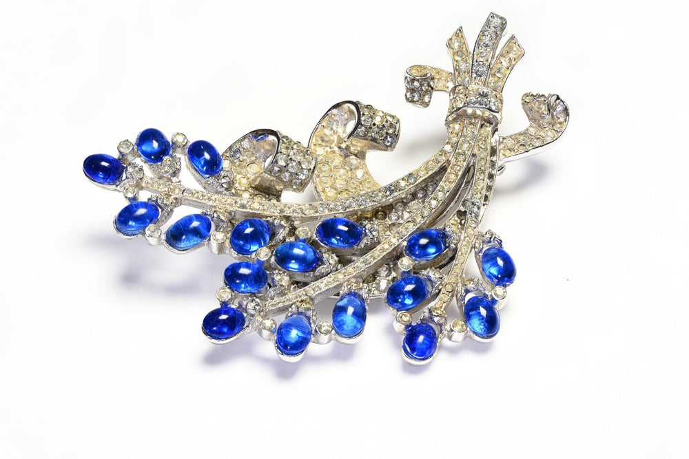 Vintage 1940’s Coro Rhodium Plated Blue Cabochon Glass Bouquet Flower ...