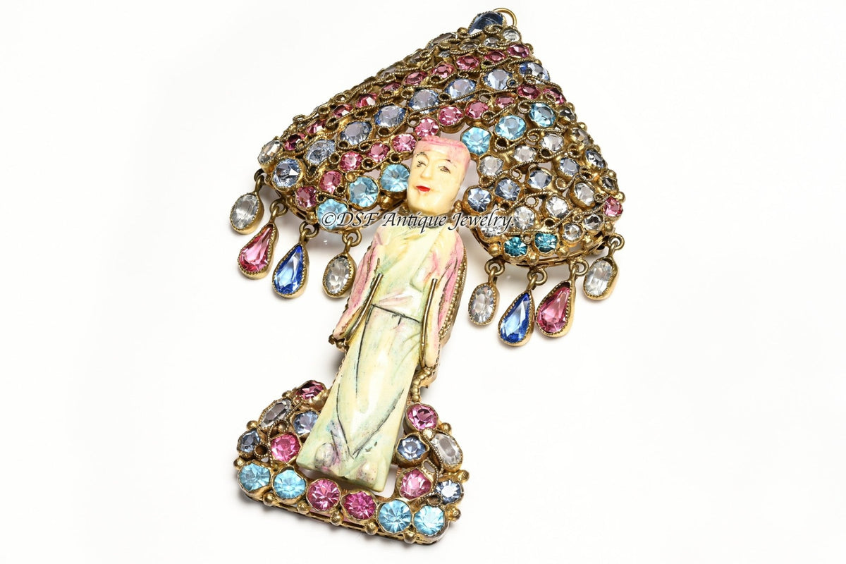Vintage 1940's HOBE Asian Style Goddess Blue Pink Crystal Tassel Brooch