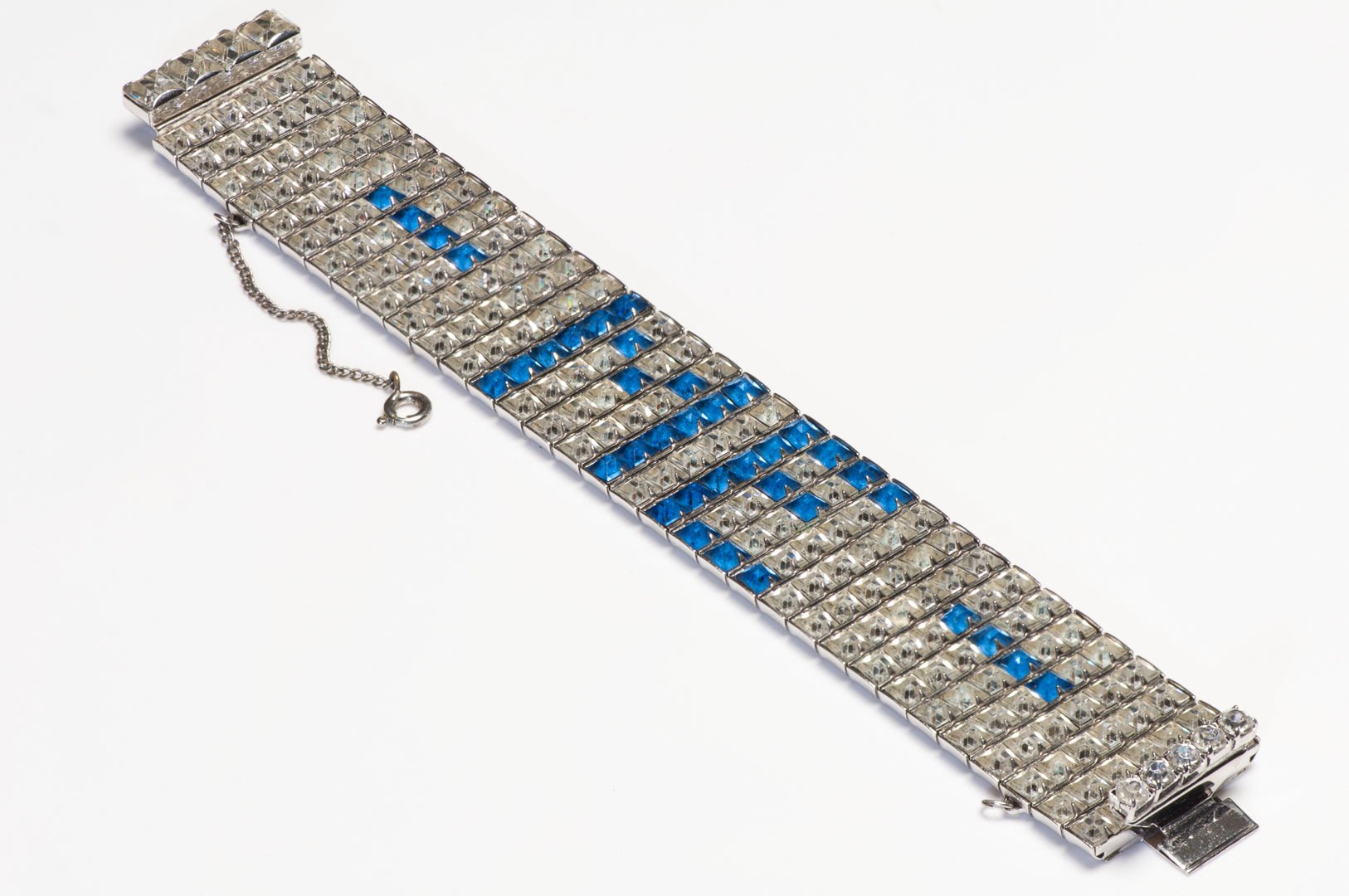 Vintage 1980’s Wide Rhodium Plated Blue Crystal ME Bracelet